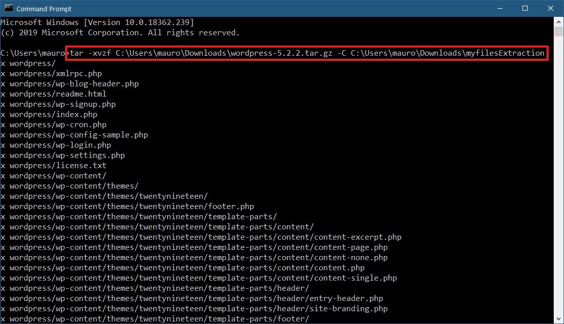 Распаковка gzip архивов на Windows 10 с помощью tar